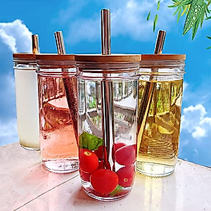 Glass Cups Set（ 4 Pack） - 24oz Mason Jar with Lid and Straw Reusable Iced Coffee Cup Wide Mouth Bubble Cups, Smoothie Bobo Cup w 12 Airtight Lids Brush, Travel Glass Drinking Bottle, Juice