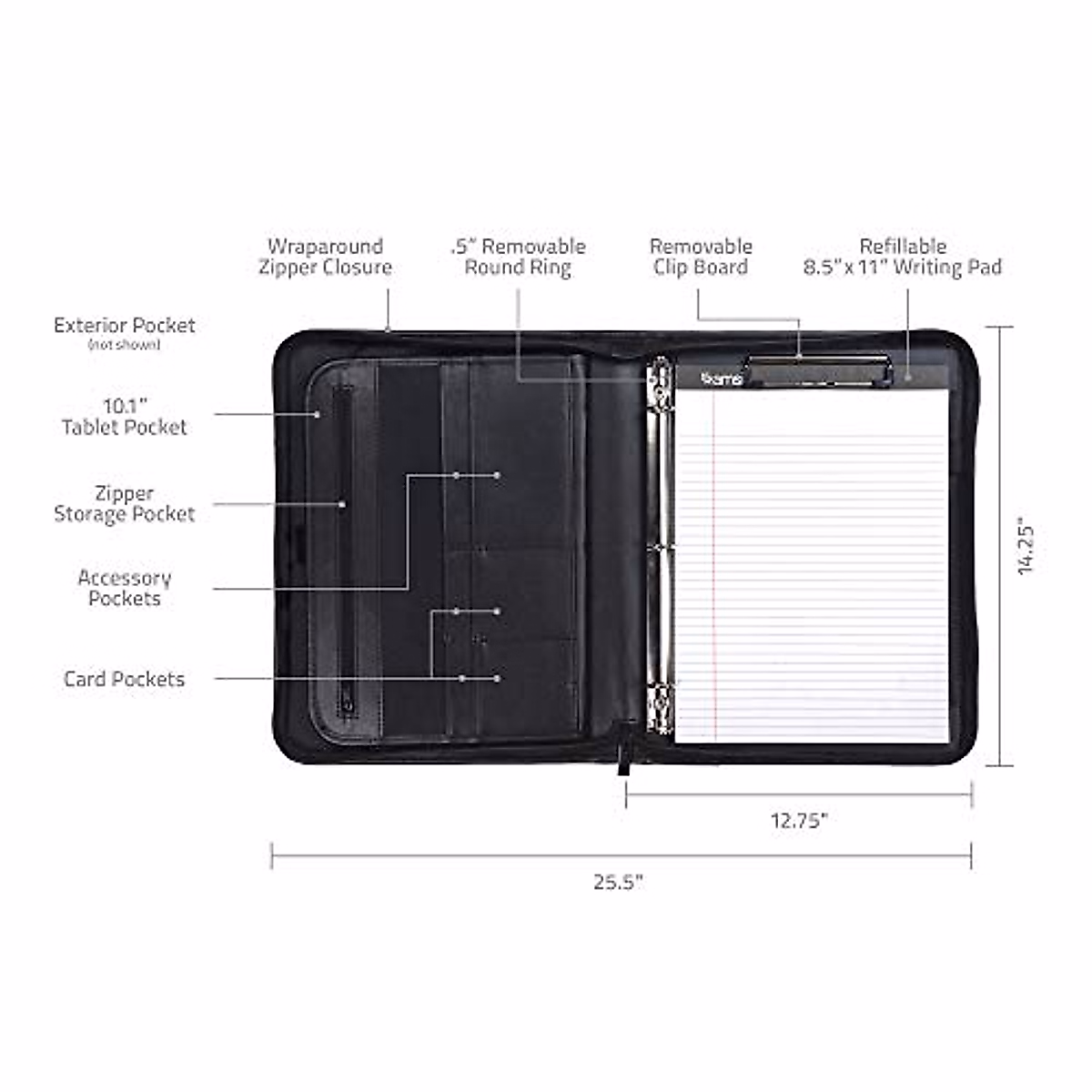 Samsill Professional Padfolio Bundle, Includes Removable Clipboard, 0.5-Inch Round Ring Binder with Secure Zippered Closure and 10.1 Inch Tablet Sleeve, Black, Full Size (70829)