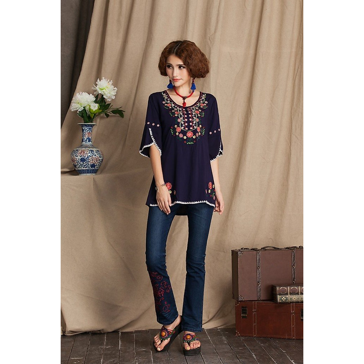 Ashir Aley Bell Sleeve Womens Girls Embroidered Cotton Peasant Tops Mexican Bohemian Shirts Blouses (L,Navy Blue)