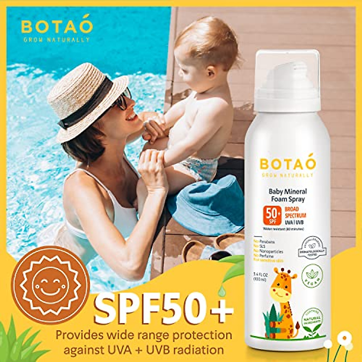 BOTAO BABY’S MINERAL SUNSCREEN FOAM SPRAY: SPF50 Broad Spectrum UVA UVB, Babies or Toddlers Sunburn Protection, Zinc Oxide, 3.4 Oz (1-Pack)