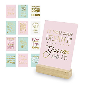 Eccolo Inspirational Cards with Wooden Display Stand, 12 Positive Daily Affirmation Cards for Self Love Practice and Mindfulness, Gift Box, Home or Office Desk Art Decor (5 x 6.75 inches)