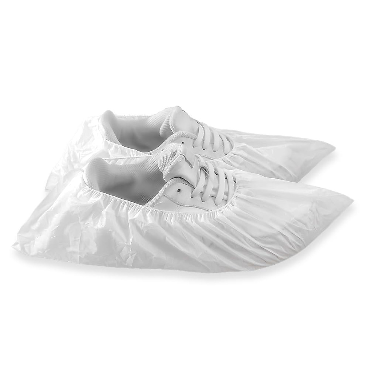 Greenour Shoe Covers Disposable for Indoors Pack of 100 (50 Pairs) Waterproof CPE Booties Shoes Protectors Coverings Fits Up to Size 11 US Men and 13 US Women White Large
