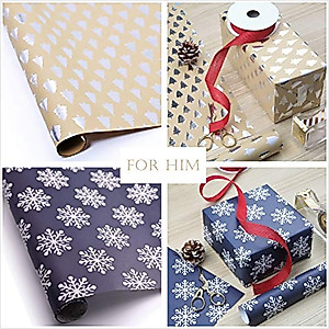 UNIQOOO 6 Festive Designs Christmas Wrapping Paper Precut Sheets, Each 39.4 x17 Inch- Blue Silver Brown Kraft Metallic Foil Gift Wrap, Santa Claus, Christmas Ornaments, Snowflake, Tree, Family Bundle for Kids, Her & Him, 18 Sheets