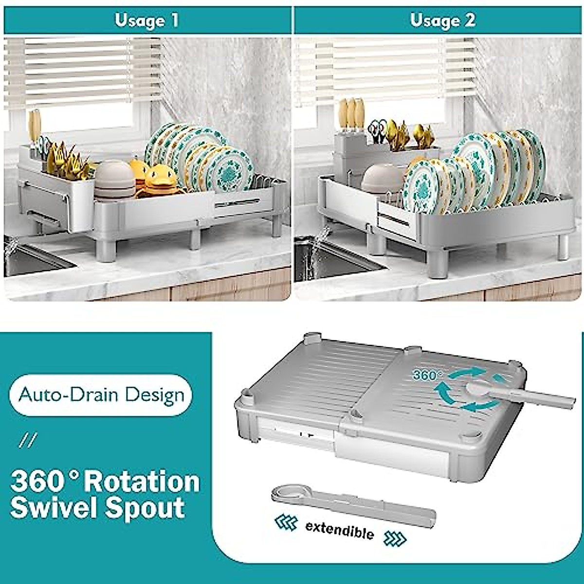 YKLSLH Expandable Dish Drying Rack Dish Racks for Kitchen Counter, Space Saving Dish Rack,12.6"-18.6" Expandable Drying Rack with Drainboard, Utensil Holder - Gray