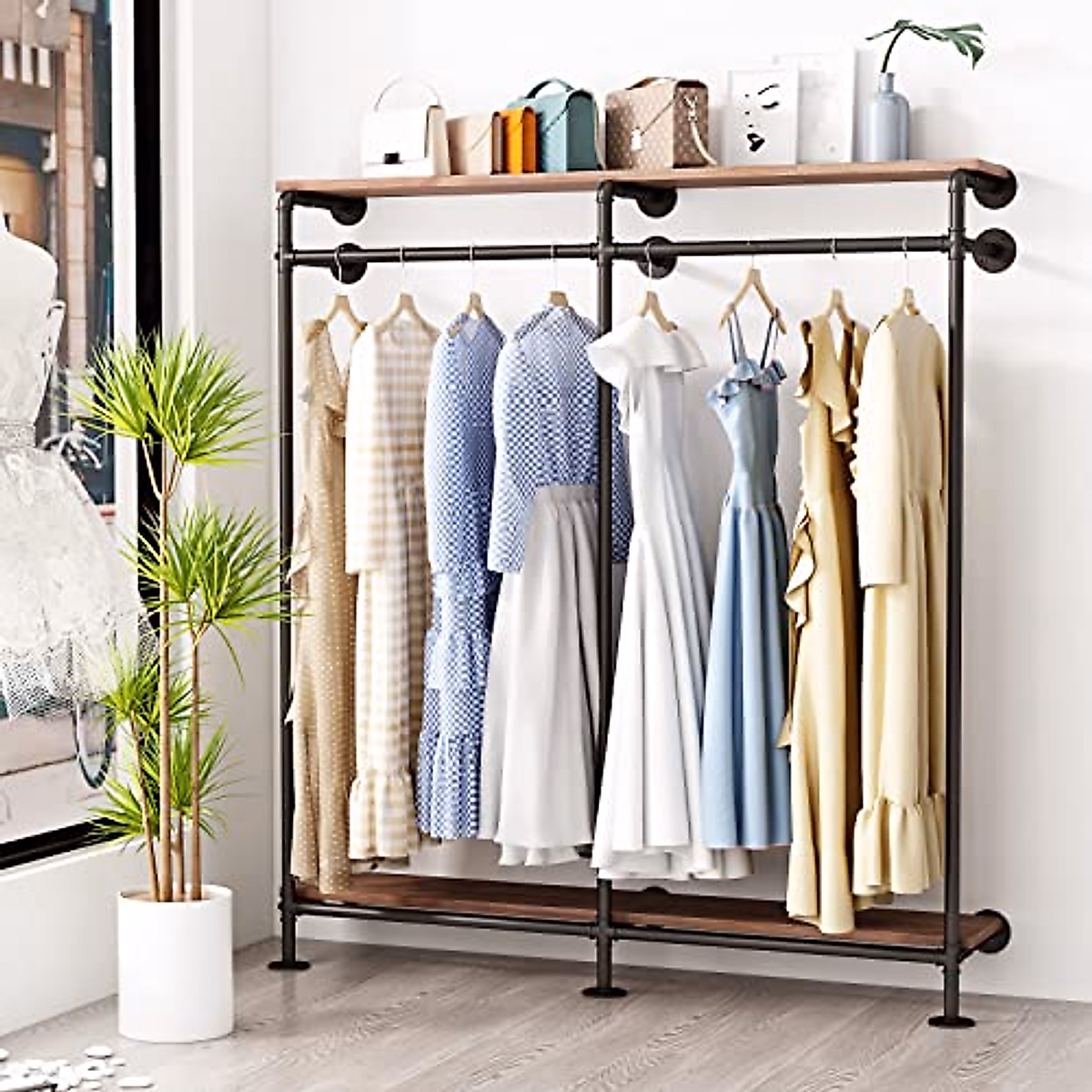 IronJiaZu Industrial Pipe Clothes Racks with 2 Shelves, Industrial Pipe Black Clothing Rack with Double Hanging Rods, Heavy Duty Wall Mounted Clothing Rack Rod for Closet Storage, Bedroom