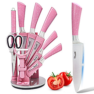 Kitchen Knife Set, Retrosohoo 9PC Pink Wheat Straw Sharp Cooking Knife Set with Acrylic Stand, Stainless Steel Non-stick Chef with Comfortable Handle for Slicing Cutting Peeling Chopping (Pink)