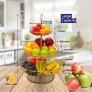 3 Tier Kitchen Countertop Fruit Basket Bowl for Bread Vegetables Snack Storage, Removable Organizer Shelf Storage Rack, Modern Design Tiered Fruit Holder Stand，for Gifts Home Party(round head gold)