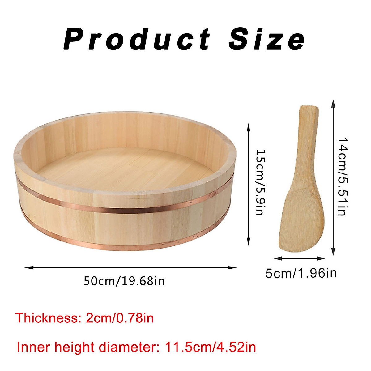 Round Hangiri Wooden Sushi Rice Bowl, Sushi Oke Rice Mixing Tub with Copper Bands, Japanese-Style Cooling Bowl Bucket for Make Sushi and Mix Sushi Rice(Free Wooden Spoon+Roll Mat) / 50cm