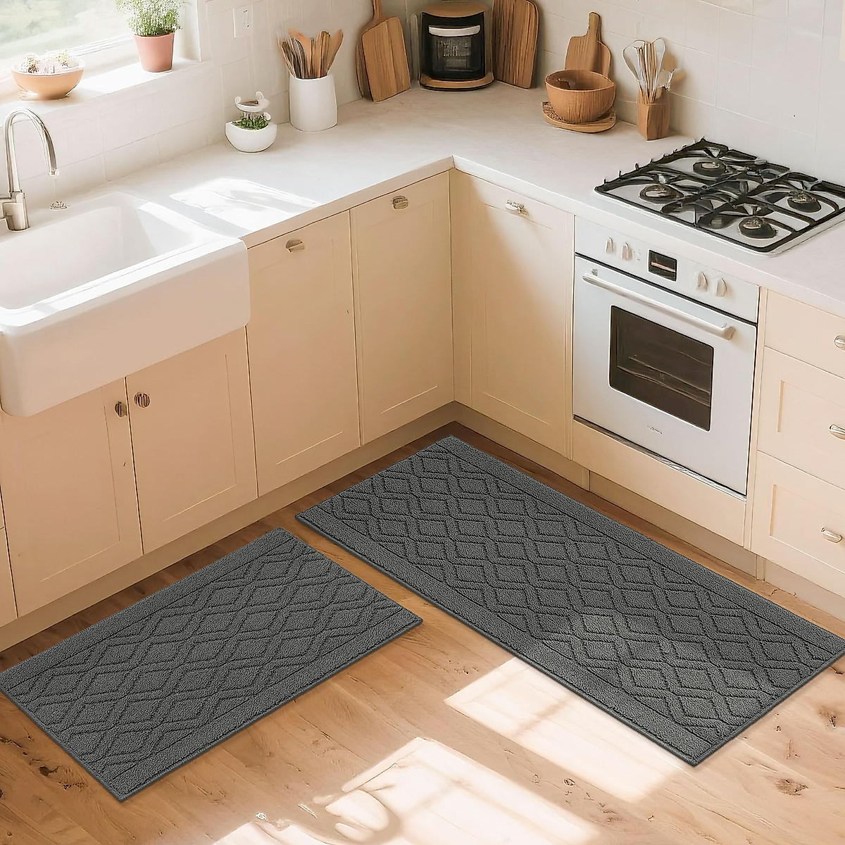 48x20 Inch/30X20 Inch Kitchen Rug Mats Made of 100% Polypropylene 2 Pieces Soft Kitchen Mat Specialized in Anti Slippery and Machine Washable (Grey)