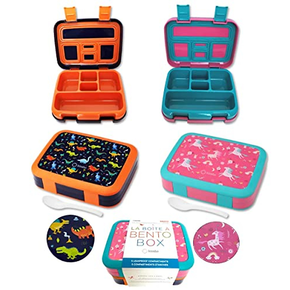 Bento Lunch Box for Kids Toddlers Boys Girls, 5 Portion Sections Secure Lid, Microwave Safe BPA Free Removable Tray, Pre-School Kid Daycare Lunches Snack Container, Unicorn Dinosaur 2 pack