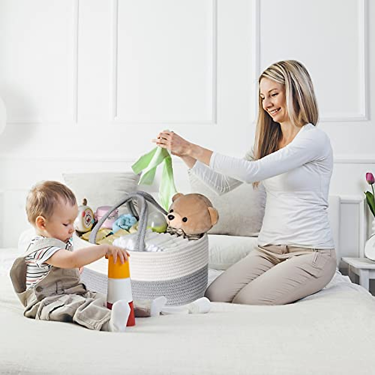 Meilleur Baby Diaper Caddy Organizer: Cotton Rope Diaper Caddy for Baby Girl & Baby Boy - large diaper caddy basket for Changing Table & Car - Baby Caddy with Removable Inserts - Portable Baby Basket