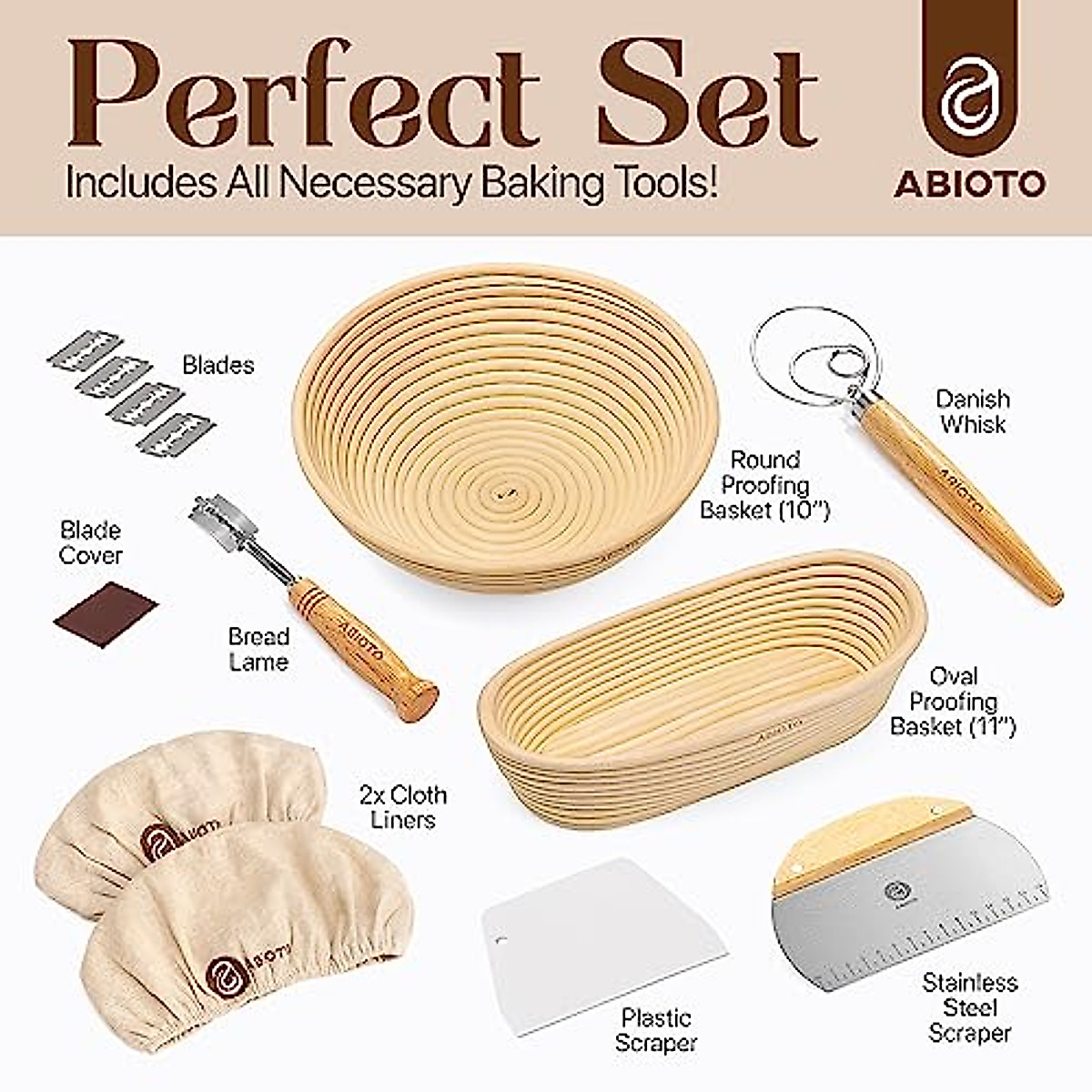 Sourdough Bread Baking Supplies and Proofing Baskets, A Complete Bread Making Kit Including 10" Round & 11" Oval Rattan Bannetons, Bread Lame, Bowl & Dough Scrapers, Danish Whisk and Linen Liners