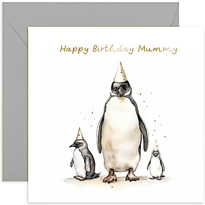 Old English Co. Penguin Happy Birthday Card for Mummy - Cute Penguin Birthday Card from Young Children, Son, Daughter - Heartfelt Birthday Card for Mummy, For Her | Blank Inside with Envelope
