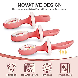 3 Pack Baby Fork and Spoon Set Suction Baby Self Feeding Utensils 6-12 Months Anti-Dropping Training Spoons For Baby Led Weaning, Silicone Toddler Utensils Feeding Supplies First + Second Stage, Red