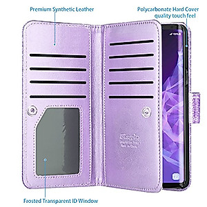 Fingic Samsung S9 Case,Galaxy S9 Wallet Case, Glitter Sparkle Cover 9 Card Holder PU Leather Detachable Wrist Strap Wallet Case for Women Cover for Samsung Galaxy S9 (5.8inch),Purple