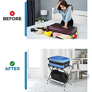 USTECH 2 Tier X-Shape Folding Luggage Rack | Heavy Duty Metal Stand with Nylon Straps and Rubber Feet for Added Stability | Suitcase Bag Holder for Guest Room, Bedroom, and Kitchen