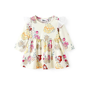 Disney Princess Belle Baby Girl Dress Fall Casual Ruffle Long-Sleeve Baby Clothes A Line Floral Character Print Dresses Yellow 3-6 Months