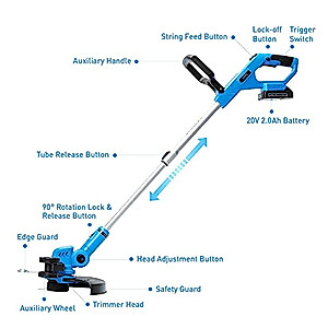 WISETOOL Cordless String Trimmer/Edger & Leaf Blower Combo Kit, 2X 2.0ah 20v Battery, 12" Weed Wacker with 90 Degree Adjustable Head, Lightweight 130 MPH Electric Leaf Blower