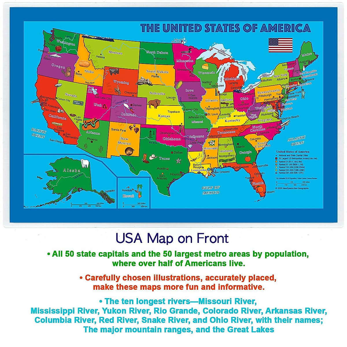 Natural Learning Children's Placemat (2 Placemats: USA/Europe Centered World Map; Alphabet/Colors and Numbers/Shapes 4-in-1)