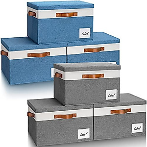 GhvyenntteS Fabric Storage Bins with Lid (6-Pack) Large Closet Storage Bins with Lid and 3 PU Handles, Foldable Fabric Storage Boxes with Label Window for Home Bedroom Office (Grey & Blue, Large)
