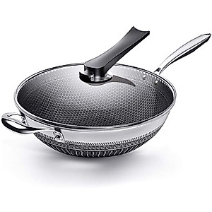LMZZ Nonstick Frying Pan Stainless Steel Wok Honeycomb Frying Pan with Glass Lid Saute Pan Kitchen Cookware