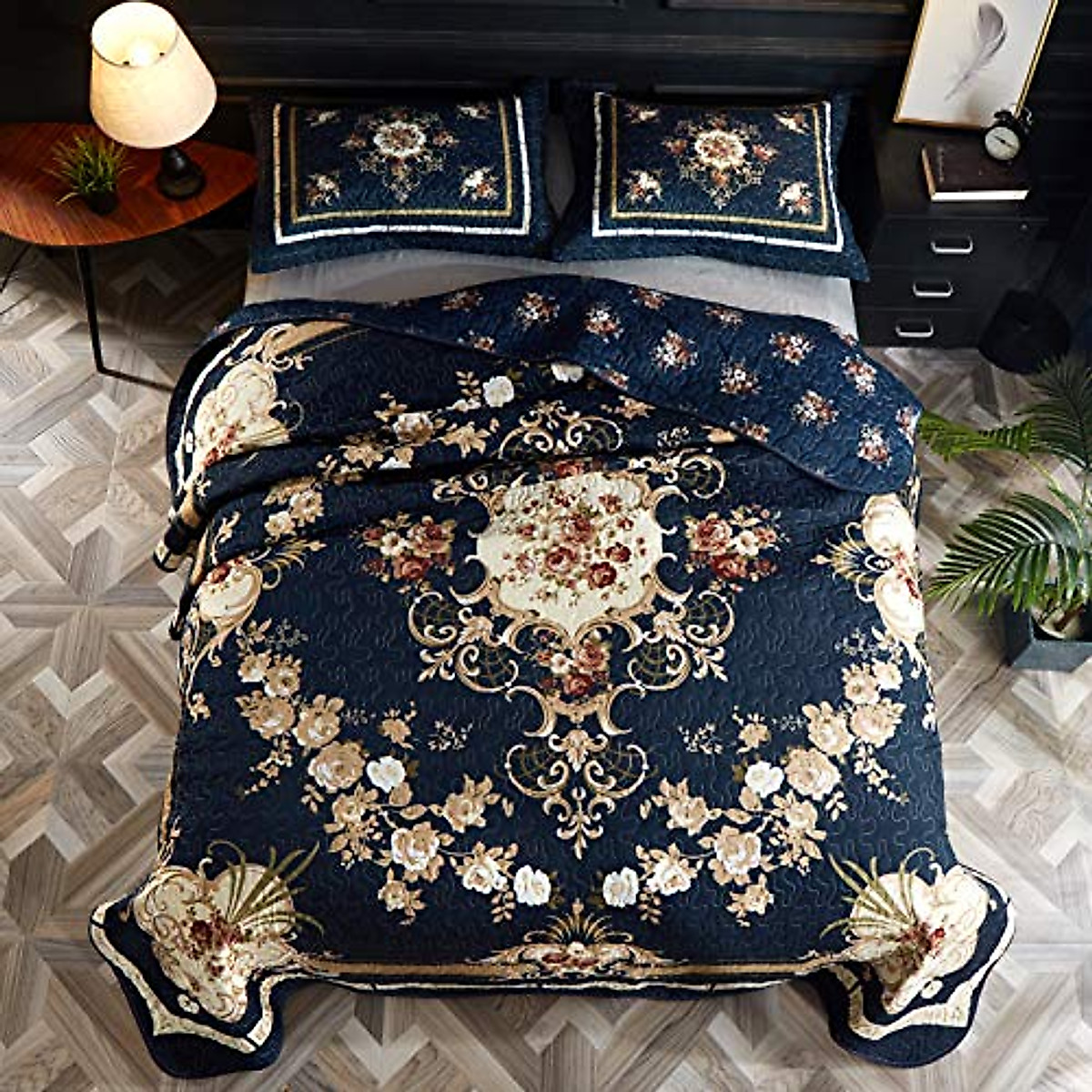 LAMEJOR Quilt Set Queen Size Retro Floral Pattern Medallion Style 3-Piece Reversible Luxury Soft Comforter Set Bedspread Coverlet Set Microfiber Dark Blue