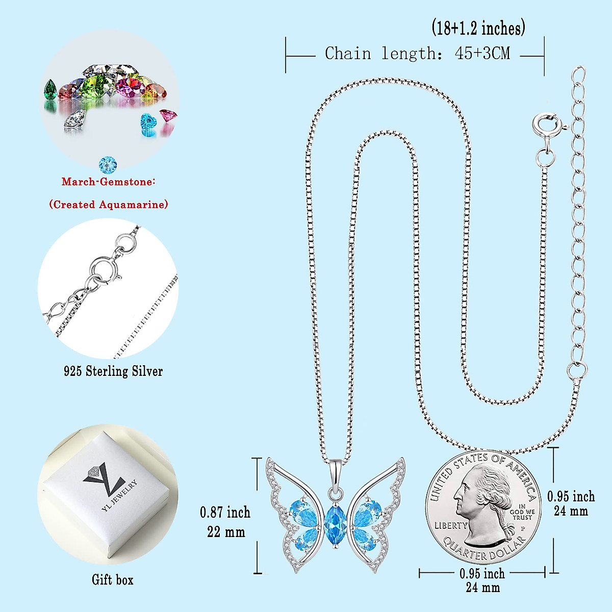 YL Butterfly Necklace for Women 925 Sterling Silver Created Aquamarine Butterfly Pendant Jewelry Gifts