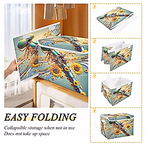 DIGTIA Dragonfly with Sunflower Storage Bins with Lids Spring Summer Foldable Storage Basket with Handles Collapsible Large Fabric Organizer Containers for Clothes Shelves Closet Office Home Bedroom