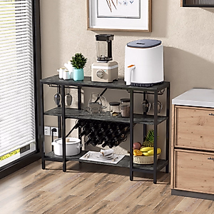 COSTWAY Wine Bar Cabinet, 3-Tier Home Mini Bar for Liquor w/Power Outlets, Glass Holder, Wine Rack, Anti-Tipping Kit, Metal Coffee Bar Table for Home Apartment Kitchen Living Room Pub (Black & Grey)