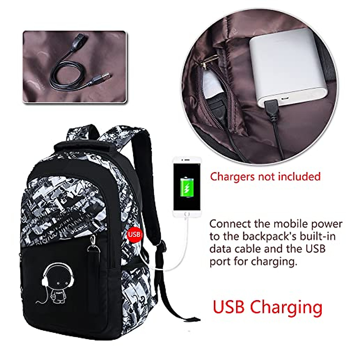 Lmeison Anime Cartoon Luminous Backpacks, Cool Bookbag for Boys Waterproof School Bag with USB Charging Port for Middle High School Unisex 15.6in Laptop Backpack for Student, Trend Graffiti Grey