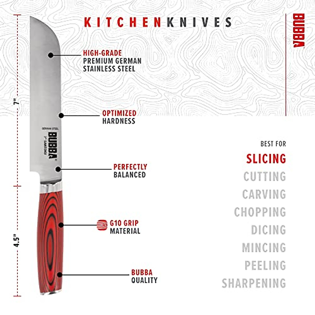 BUBBA Kitchen Series 7" Santoku Knife, an all-purpose kitchen knife for produce, veggies, fish or meat with a premium German Steel Blade for all your kitchen needs