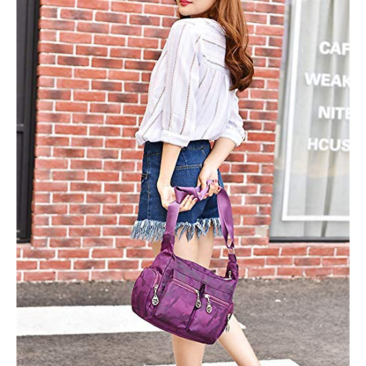 FiveloveTwo Lightweight Nylon Multi Pocket Hobo Shoulder Crossbody Bag Handbags and Purses for Women Men Top-handle Messenger Crossbody Bag Pack Totes Satchels Purple Camouflage