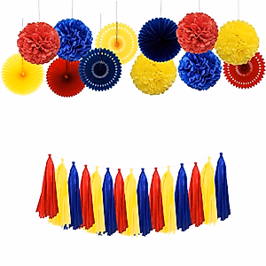 InBy Carnival 28PCS Red Blue Yellow Party Decorations Kit - 12" 10" Tissue Flower Paper Pom Poms 8" Paper Fan Tassel Garland for Birthday Bridal Baby Shower Wedding Bachelorette Decoration Supply