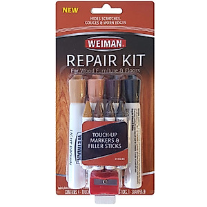 Weiman Wood Repair System Kit - 4 Filler Sticks 4 Touch Up Markers - Floor and Furniture Scratch Fix
