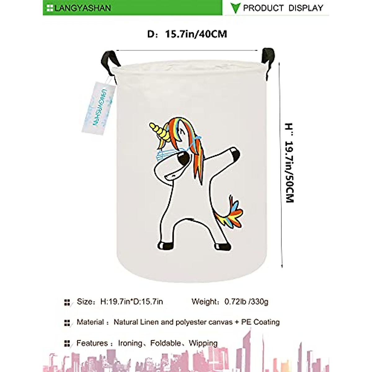 LANGYASHAN Laundry Basket Canvas Fabric Collapsible Organizer Baskets for Storage Bin Toy Bins Gift Baskets Bedroom Clothes Children Nursery Hamper (Danceing Unicorn)