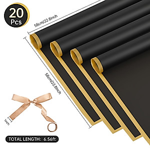 Sawnfay 20 Sheets Flower Wrapping Paper, Waterproof Bouquet Wrapping Paper, Floral Wrapping Paper with Ribbon, Ideal for Wedding, Birthday, DIY Projects - 22.8x22.8inch (Black)
