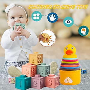 Baby toys 6 to 12 months, Montessori toys for 1 year old, Silicone Pull String Teething Toys, Stacking Building Blocks Infant Toddler Toys 0-3, Color Shape Bin Sensory Toys, Baby boys&girls gifts