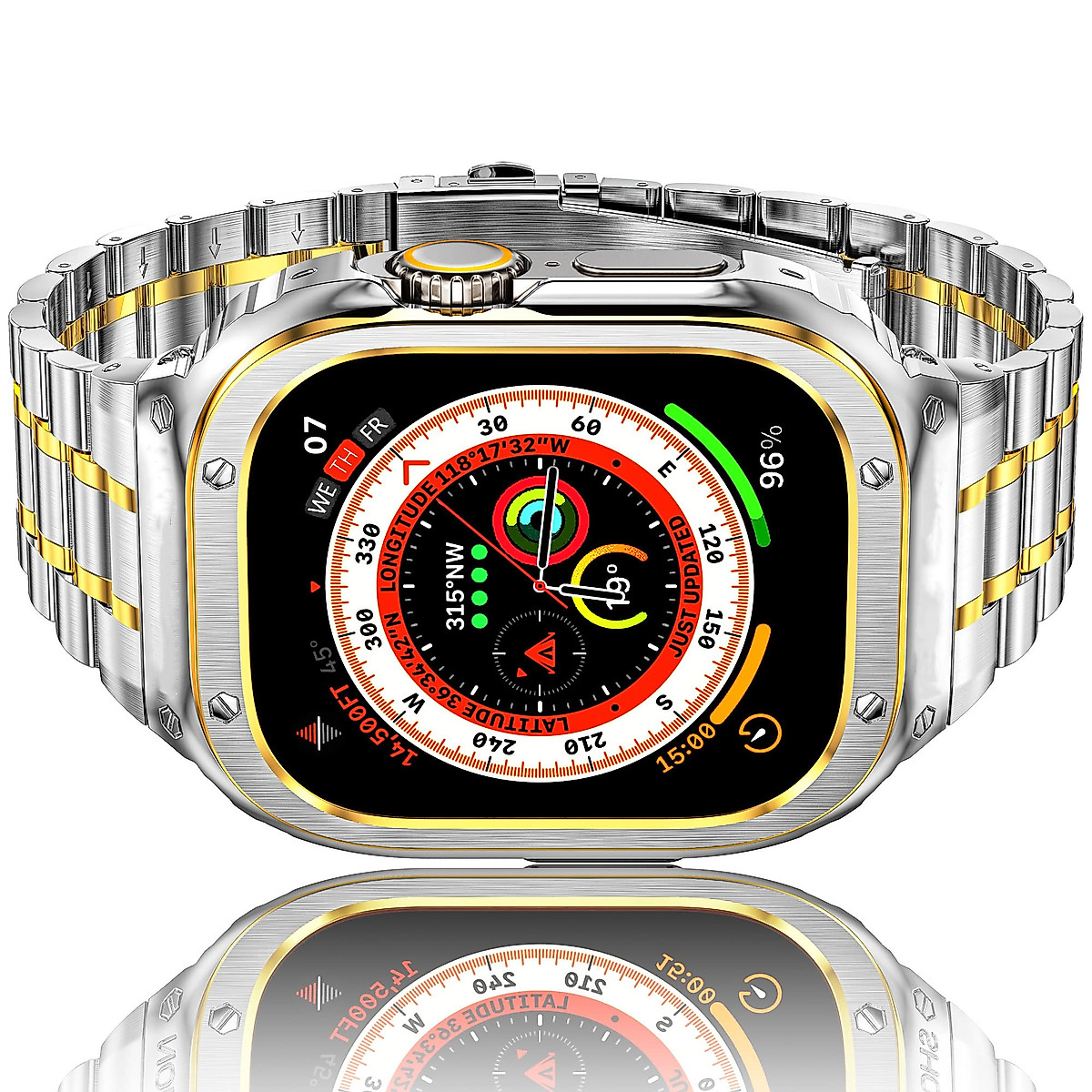 HASLFM Stainless Steel Watch Band with Case Compatible with Apple Watch Ultra/Ultra 2(49mm),Metal Strap and Rugged Protective Cover for iWatch Bands Cases Men, Silver/Gold