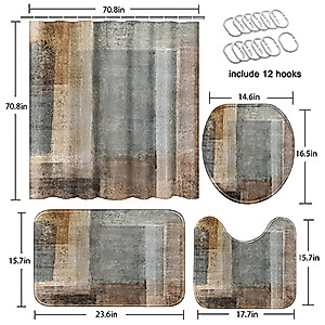ArtSocket 4 Pcs Shower Curtain Set Beige Grey Abstract Painting Brown with Non-Slip Rugs Toilet Lid Cover and Bath Mat Bathroom Decor Set 72" x 72"