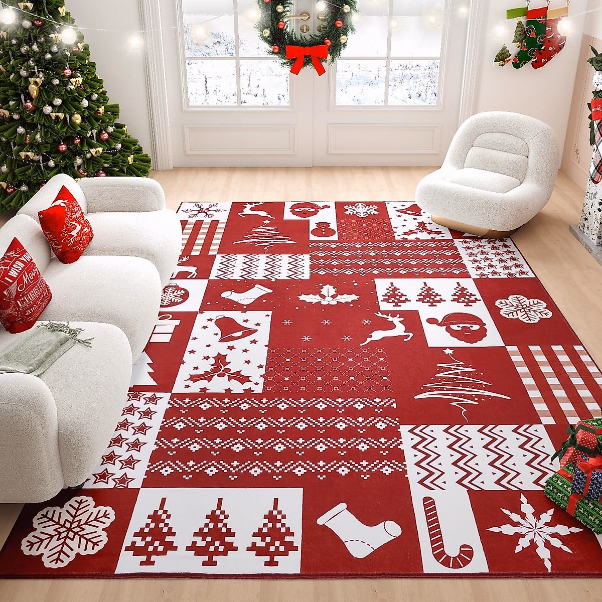 Syalife 9x12 Christmas Rug for Living Room, Bedroom, Dining Room, Large Red/White Area Rug, Indoor Festival Machine Washable Rugs, 9'x12', Patchwork Pattern