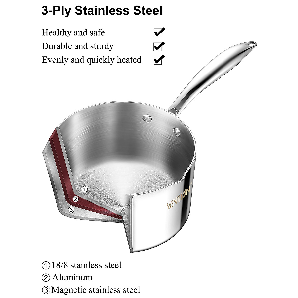 VENTION Tri-Ply Stainless Steel 1 Quart Saucepan with Lid, Bright Small Sauce Pan with Pour Spout, Small Pots for Cooking, Right Hand