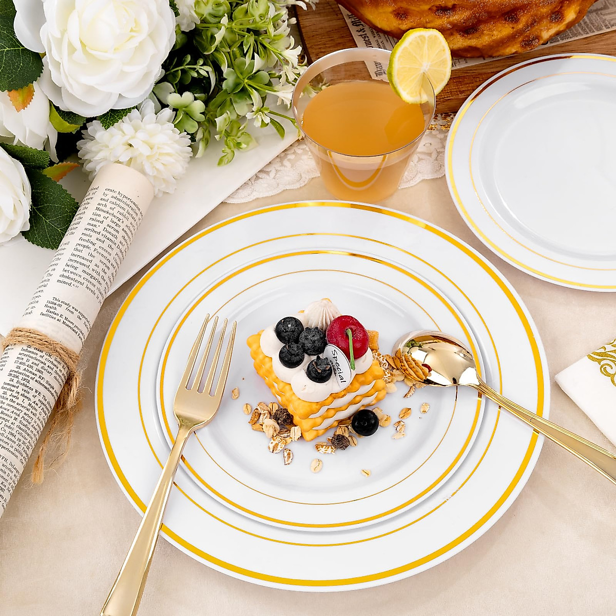 bUCLA 350PCS Gold Plastic Dinnerware Set - Gold Plastic Plates Disposable for 50 Guests Include 50 Dinner Plates,50 Dessert Plates,50 Forks,50 Knives,50 Spoons,50 Cups&50 Napkins for Party