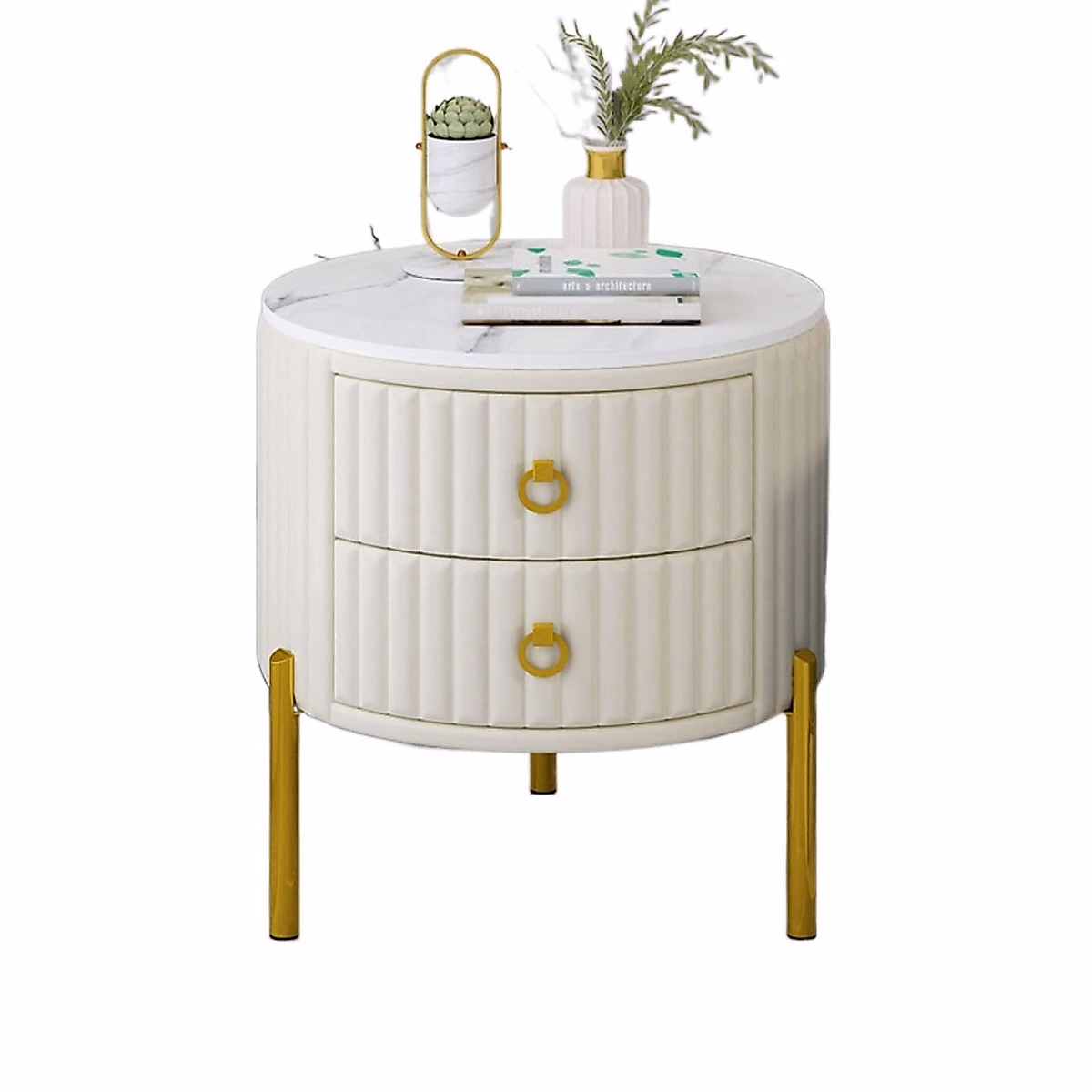 Mobile Side Table Small Side Table with 2 Drawers, Bedside Furniture, Night Stand, End Table with Gold Frame for Bedroom,Living Room, Round Coffee Table Cocktail Table Sofa End Table ( Color : Gold )