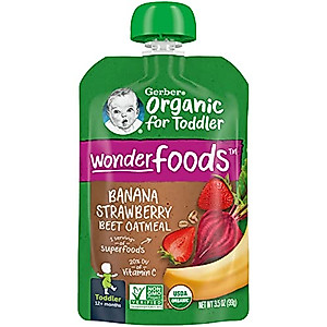 Gerber Organic Baby Food Pouches, Toddler, WonderFoods, Banana Strawberry Beet & Oatmeal, 3.5 Ounce