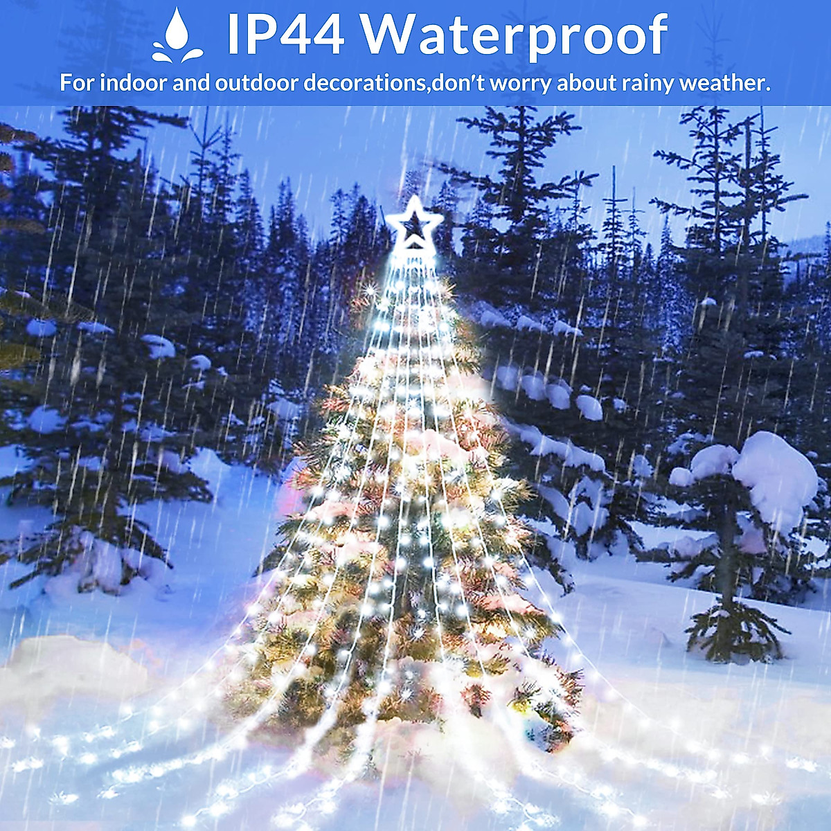 MESHUBA Star String Lights Outdoor Patio Decoration 317 LED Waterfall Christmas Tree Lights Indoor Outside Decoration Lights for Party, Yard, Garden, Holiday, Home Décor, White