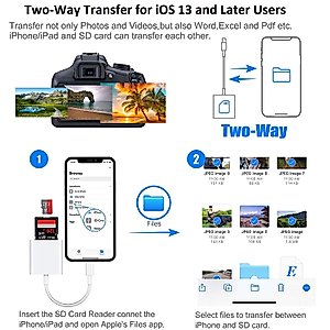 SD Card Reader for iPhone iPad, Apple MFi Certified iPhone SD/Micro SD Card Reader Adapter Cable with Dual Slots for SLR Cameras, Trail Game Camera Viewer, Memory Card Reader for iPhone, Plug and Play