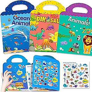Reusable Sticker Books for Kids, 3 Sets Travel Removable Toddler Sticker Books for 3 4 5 Year Old Girls Boys Birthday Gifts Educational Learning Toys for Age 3-5 - Ocean & Zoo Animals, Dinosaur
