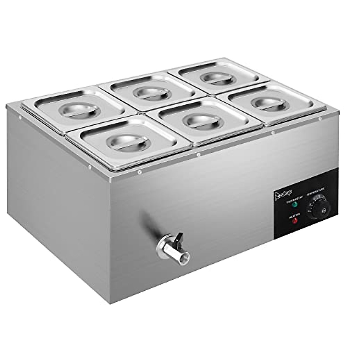 Winado 110V 6-Pan Commercial Food Warmer, 19QT Electric Steam Table 6 Inch Deep, 1200W Countertop Stainless Steel Food Soup Buffet w/Temperature Control & Lid for Catering, Restaurant, Party