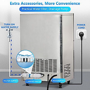 Pioneerworks Commercial Ice Maker Machine 110lbs/24H, Under Counter Ice Machine Self Cleaning with 27lbs Storage, LCD Panel and Blue Light, Stainless Steel Ice Maker for Restaurant/Home/Bars/Coffee