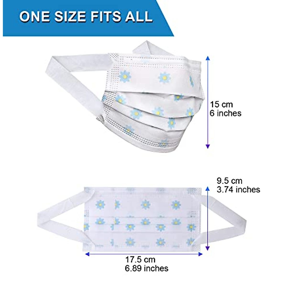 50 Pcs Disposable Face Masks, 3 Ply Cotton Face Mask, Adjustable Ear loops For Face Protection, Breathable Single Use Clearance Face Masks (50 Count (Pack of1), Flower Blue)